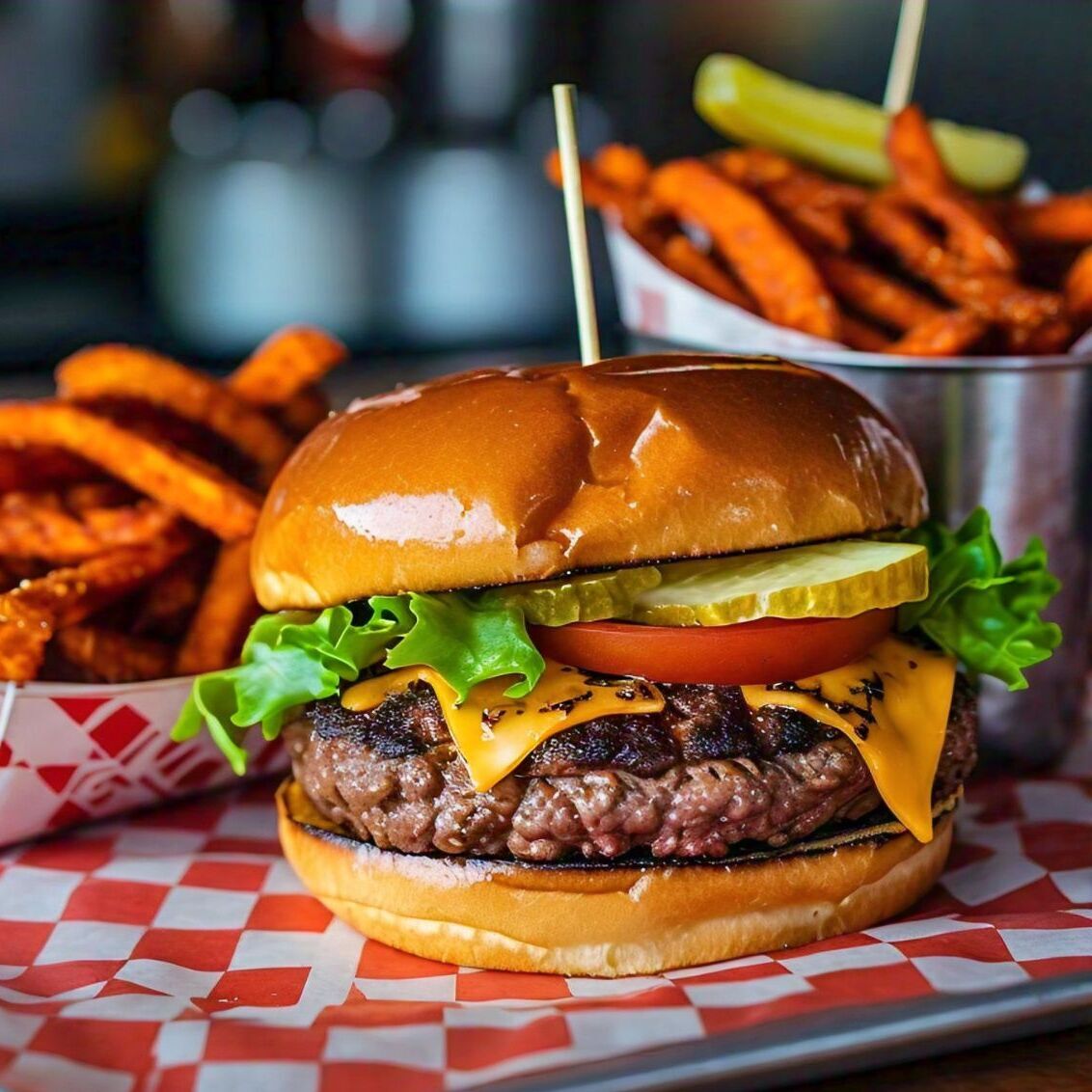 Bourbon-Infused Beer Burger with Sweet Potato Fries and Pickle Spear ...